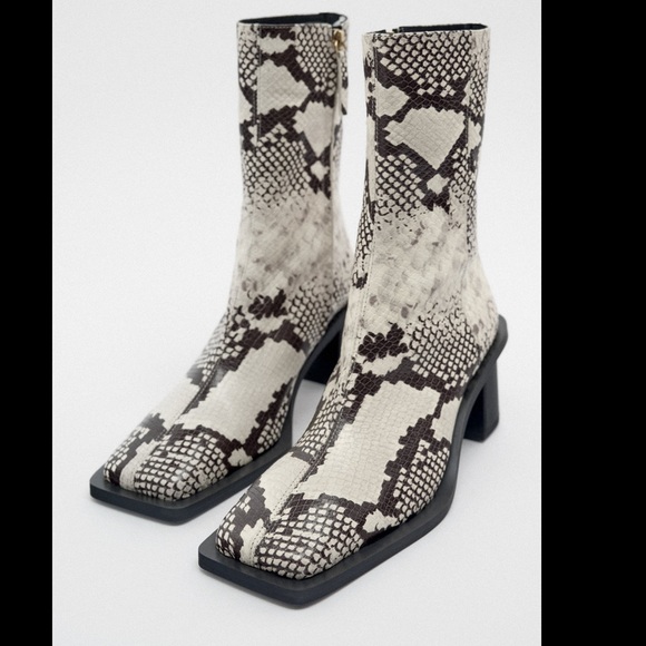 Zara | Shoes | Zara Leather Ankle Boots Square Toe Animal Embossed ...